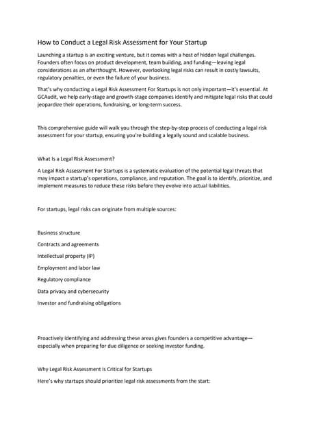 Legal Risk Assessment For Startups Pdf