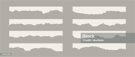 얇고 긴 종이 조각이 찢어졌습니다 들쭉날쭉하고 가장자리가 균일한 베이지색 소재 스트립 찢어진 가로 조각 컬렉션입니다 콜라주 텍스트 상자 배너 스티커를 위한 질감 있는 그런지