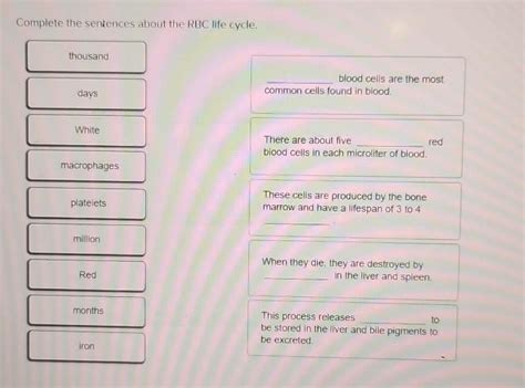 Solved Complete The Sentences About The Rbc Life