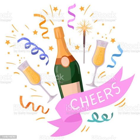 만화 Hb 축제 파티 배지입니다 생일 축하 요소 스티커 색종이와 샴페인 병 흰색 배경에 평면 벡터 그림 샴페인 와인에 대한 스톡