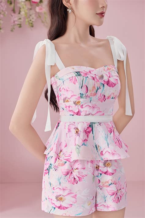 Kaelynn Peplum Top With Ribbon Straps In Pink Floral Painting Chello