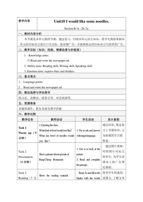 人教版英语七年级下册unit 10 Id Like Some Noodles Section B（1a2b2c）教案（表格式） 21世纪教育网