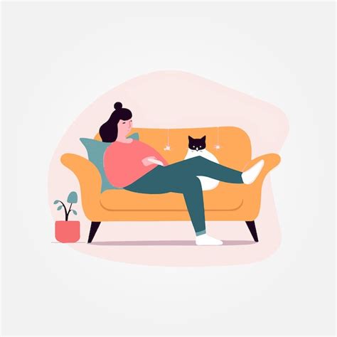 Mujer descansando en el sofá con su gato Vector Premium