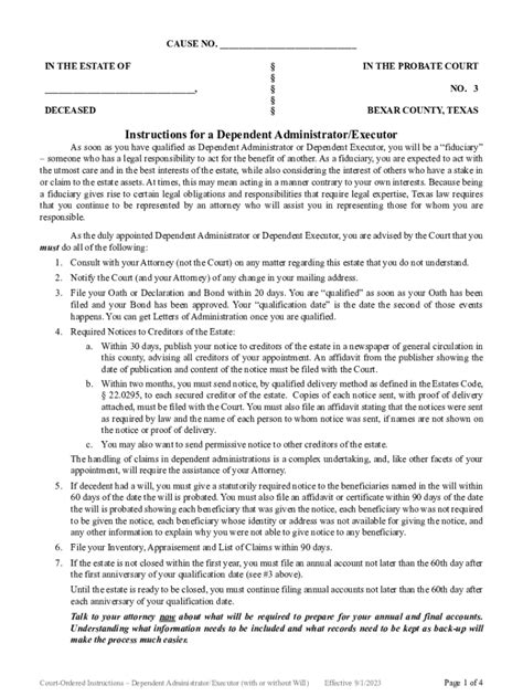 Fillable Online Instructions For A Dependent Administrator Executor Fax