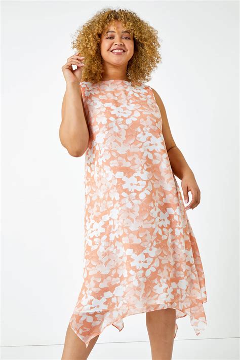 Curve Floral Hanky Hem Chiffon Dress In Coral Roman Originals Uk