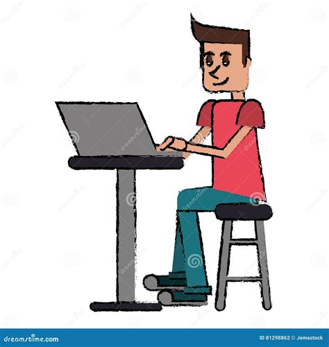 Cartoon Young Man Sitting Working Computer Stock Vector Illustration