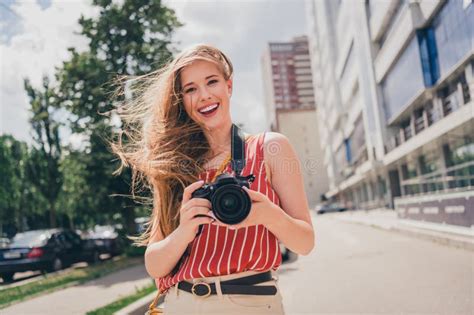Photo Of Lovely Positive Girl Wear Trendy Clothes Walk City Center Take