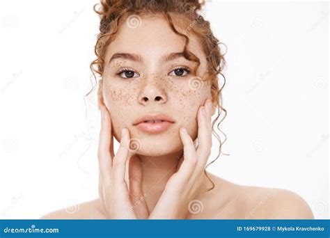 Headshot Sensual Gentle Redhead Curly Haired Woman Freckles Standing Naked White Background