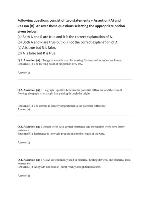 Assertion And Reaction Cbse Electricity Pdf Incandescent Light Bulb Electricity