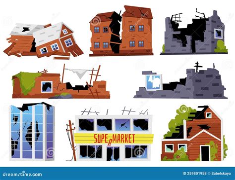 Set Of Destroyed Buildings Different Houses And Supermarket Flat Style Stock Vector