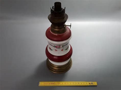 ANCIENNE LAMPE PÉTROLE céramique pied laiton déco fleurs french antique