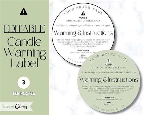 EDITABLE Candle Warning Label Template Candle Care Fire Safety
