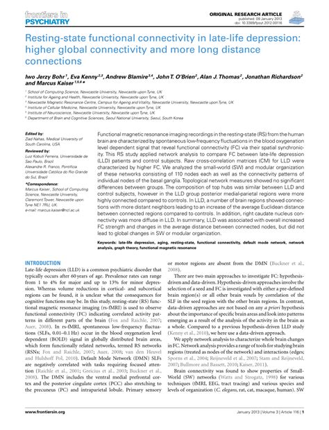 Pdf Resting State Functional Connectivity In Late Life Depression