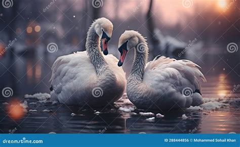 Two Grey Swans Swimming On The Water Together Their Necks Form A Heart
