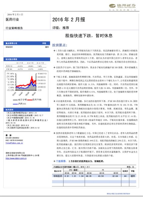 医药行业2016年2月报：股指快速下跌，暂时休息