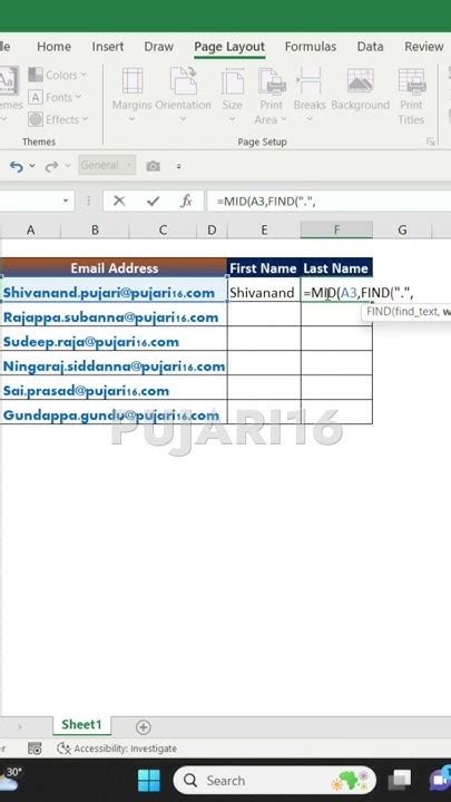 extracting first and last names from email id excel pujari16