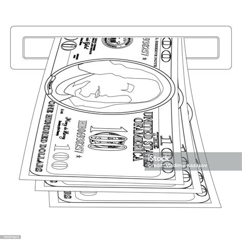 흰색 배경에 고립 된 Atm 기계의 슬롯에 현금 달러를 요약하십시오 100 달러 지폐 미국 지폐 통화에 대한 스톡 벡터 아트 및