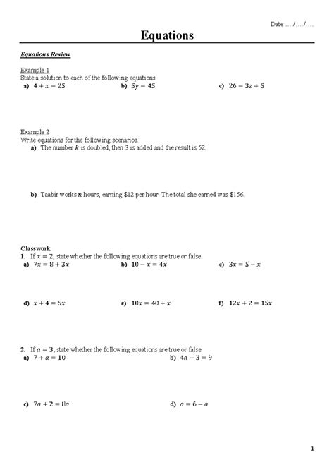 Equations Workbook Equations Equations Review Example 1 State A Solution To Each Of The