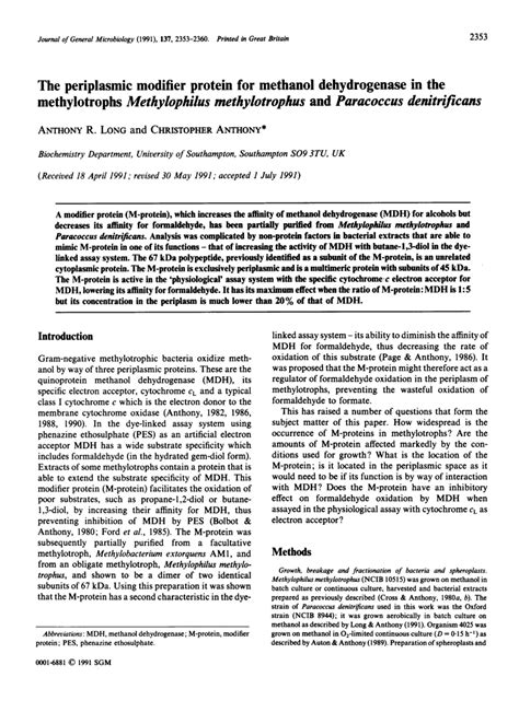 Pdf The Periplasmic Modifier Protein For Methanol Dehydrogenase In The Methylotrophs
