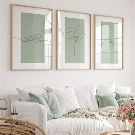 Sage Green Botanical Wall Line Art Prints Set Of 3 Floral Etsy