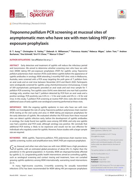 Pdf Treponema Pallidum Pcr Screening At Mucosal Sites Of Asymptomatic