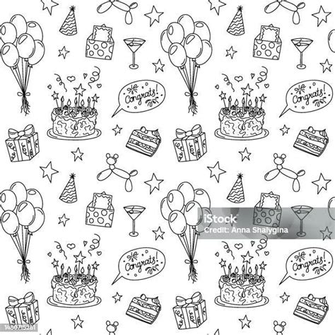 생일 낙서 패턴입니다 매끄러운 벡터 흑백 배경에는 Bday 재미있는 낙서 요소가 있습니다 손으로 그린 반복 그림 검은색에 대한 스톡 벡터 아트 및 기타 이미지 Istock