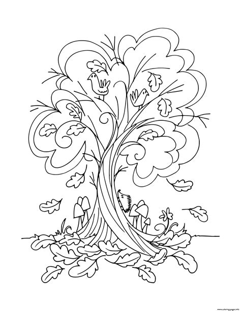 Fall Autumn Tree Falling Leaves Coloring Page Printable