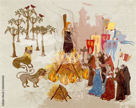 Medieval Scene Inquisition Burning Witches Monks At A Fire With The