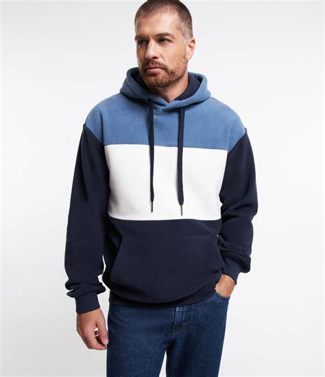 Blusão Fechado em Fleece Blocos de Cor e Bolso Canguru Azul