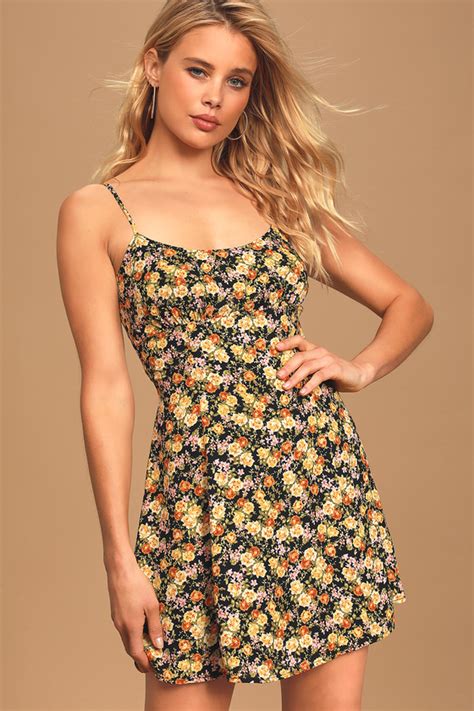 Cute Black Floral Print Dress Slip Dress Mini Dress Lulus