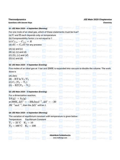 Thermodynamics Questions Jee Main 2020 Chapterwise Question Bank Mathongo Pdf