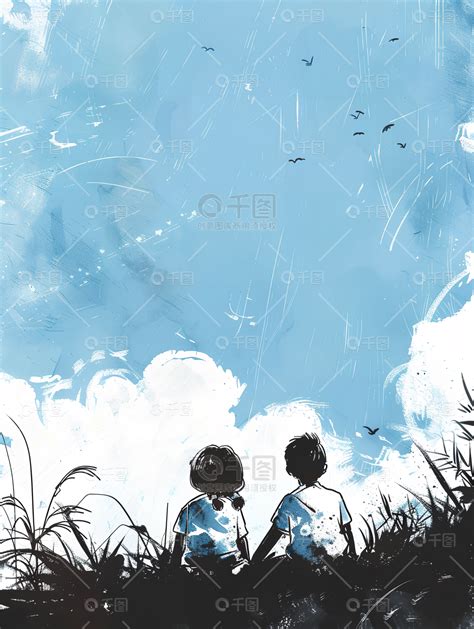 白云ai数字艺术 一个中国女孩和男孩坐在蓝天白云下的草地上水墨画 Ai背景免费下载png格式2784像素编号70224539 千图网