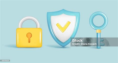 체크 표시 자물쇠 열쇠가 있는 현실적인 3d 광택 보안 안전 아이콘 세트 고객 3d 만화 보장 보호 기호 품질 보호 방패 엠블럼 파란색 배경에 벡터 그림 3차원 형태에 대한