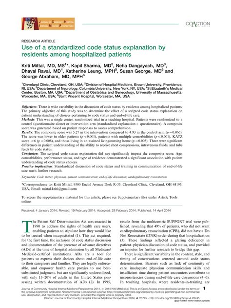Pdf Use Of A Standardized Code Status Explanation By Residents Among