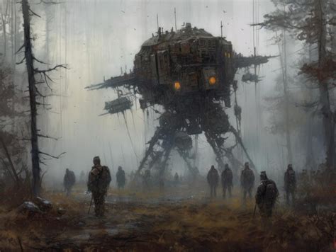 Premium Ai Image Forest Battle Robot Scythe Landscape City Mystic