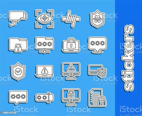 라인 문서 및 잠금 설정 방패가 있는 신용 카드 암호 보호 철조망 폴더 암호 보안 카메라 및 노트북 아이콘 벡터 감시에 대한 스톡 벡터 아트 및 기타 이미지 Istock