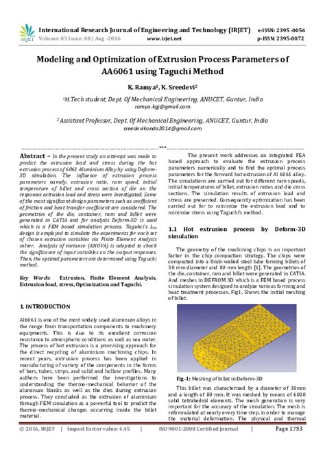 Pdf Modeling And Optimization Of Extrusion Process Parameters Of Aa6061 Using Taguchi Method