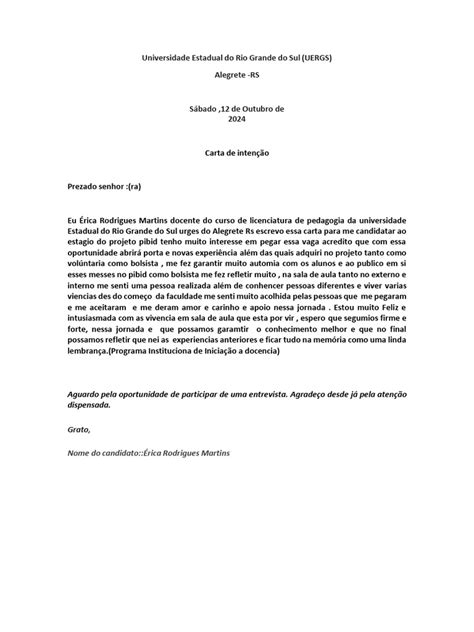 Carta De Intenção Do Pibid 2024 1 Pdf