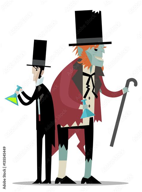 A Clipart Image Featuring Dr Jekyll And Mr Hyde With Distinct Expressions And Top Hats Free