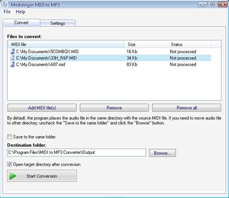 midi to mp3 converter main window mediavigor software midi to mp3