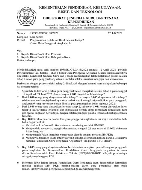 Surat Pengumuman Hasil Seleksi Tahap 2 Cgp6 Provinsi Kalimantan Barat