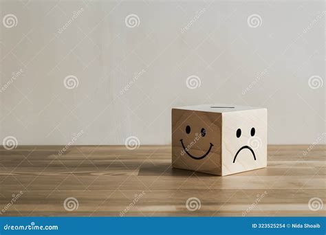 Wooden Cube With Happy And Sad Faces On Different Sides Stock