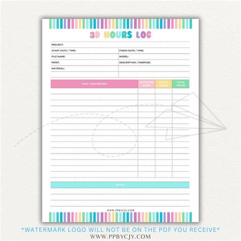 3d Printing Hours Log Printable Pdf Template Machine Use And Print Time