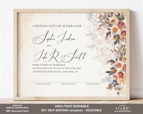 Boho Floral Marriage Certificate Template Watercolor Etsy