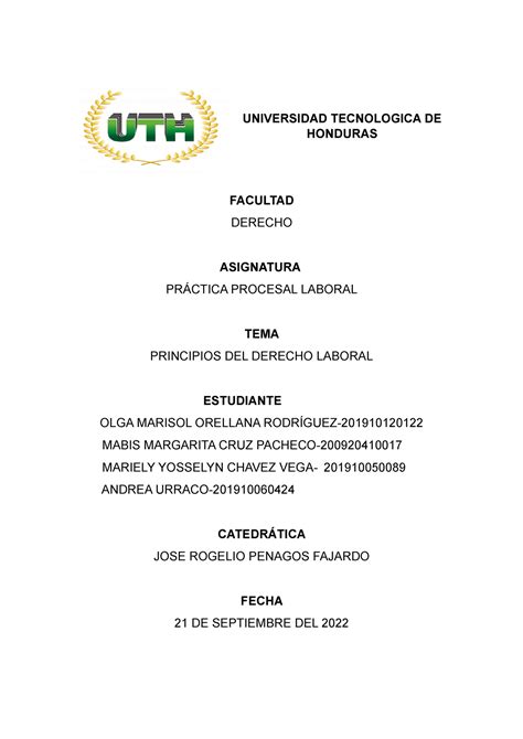 Principios De Derecho Laboral Universidad Tecnologica De Honduras