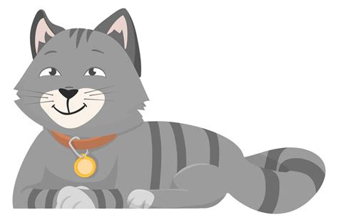 행복 한 회색 줄무늬 고양이 웃는 만화 캐릭터 프리미엄 벡터