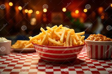 Checkered Background Complements Diner Basket Filled With French Fries