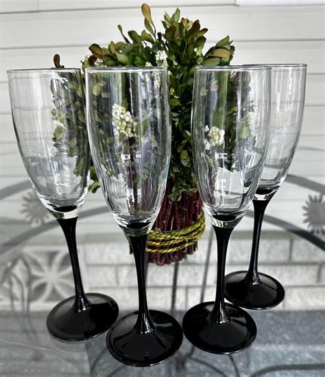 Vintage Luminarc France Champagne Wine Glass Flute Black Stem Etsy