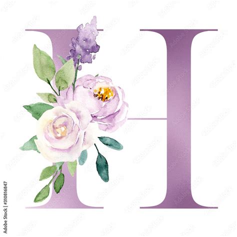 Floral Alphabet Letter H With Watercolor Violet Flowers Monograma