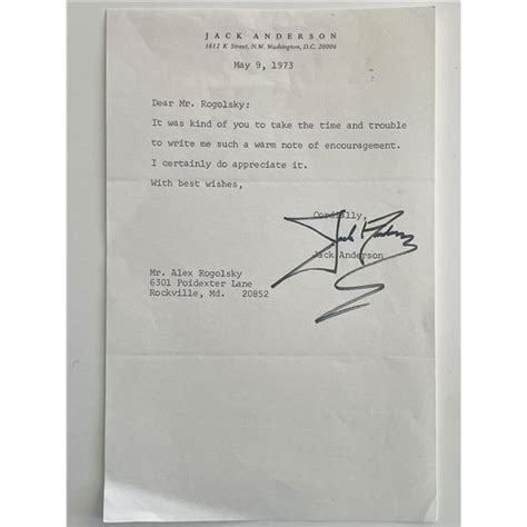 Newspaper Columnist Jack Anderson Signed Note